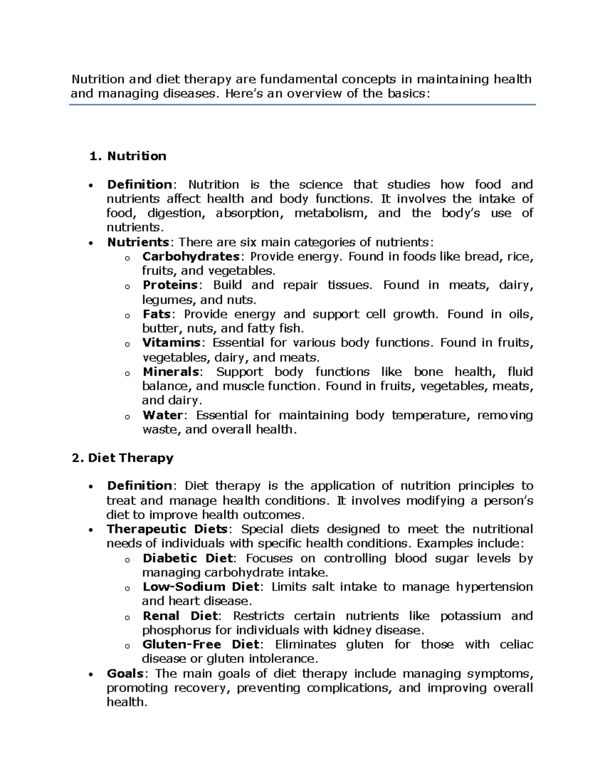 Nutrition and Diet Therapy Overview: Key Concepts and Guidelines - Studocu