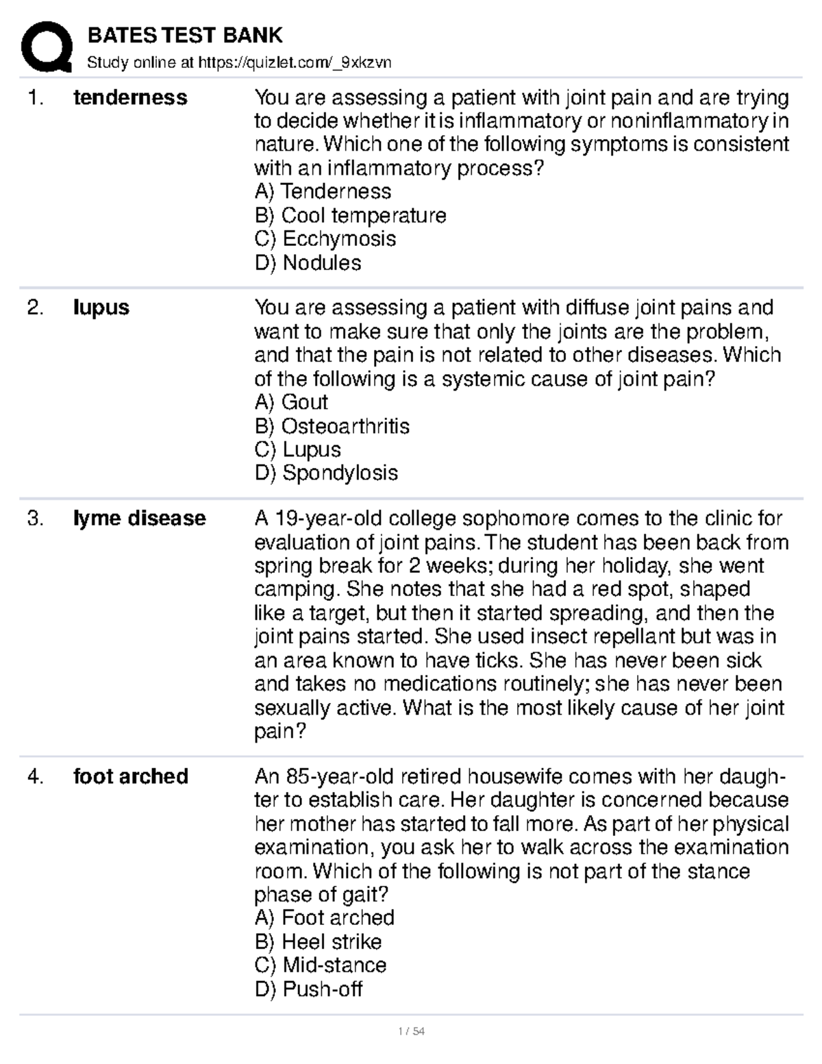 Bates Medical Course: Joint Pain Assessment Test Bank - Studocu