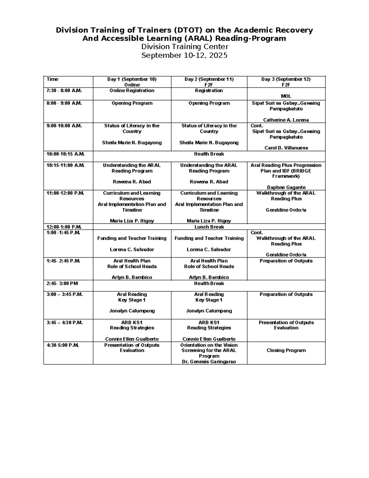 Final Training Matrix for DTOT on ARAL - September 2025 - Studocu