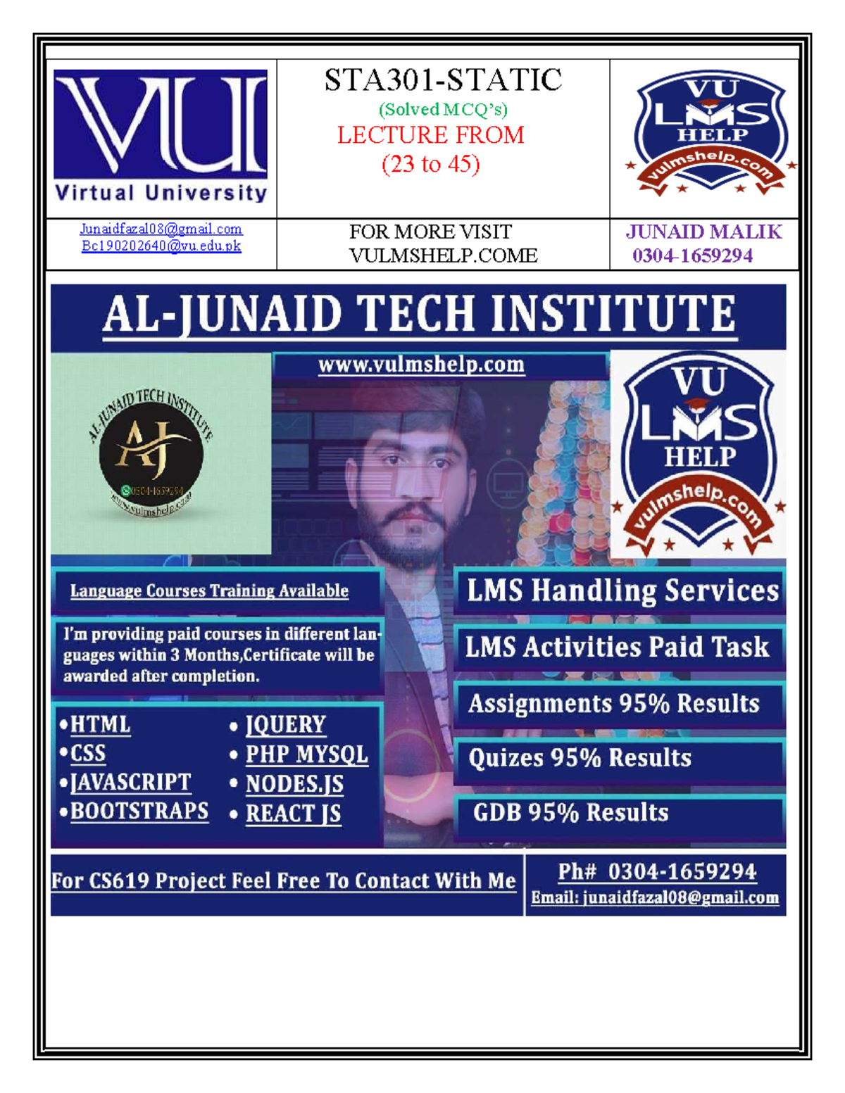 STA301 Solved MCQs Final Exam Summary by Junaid - Studocu