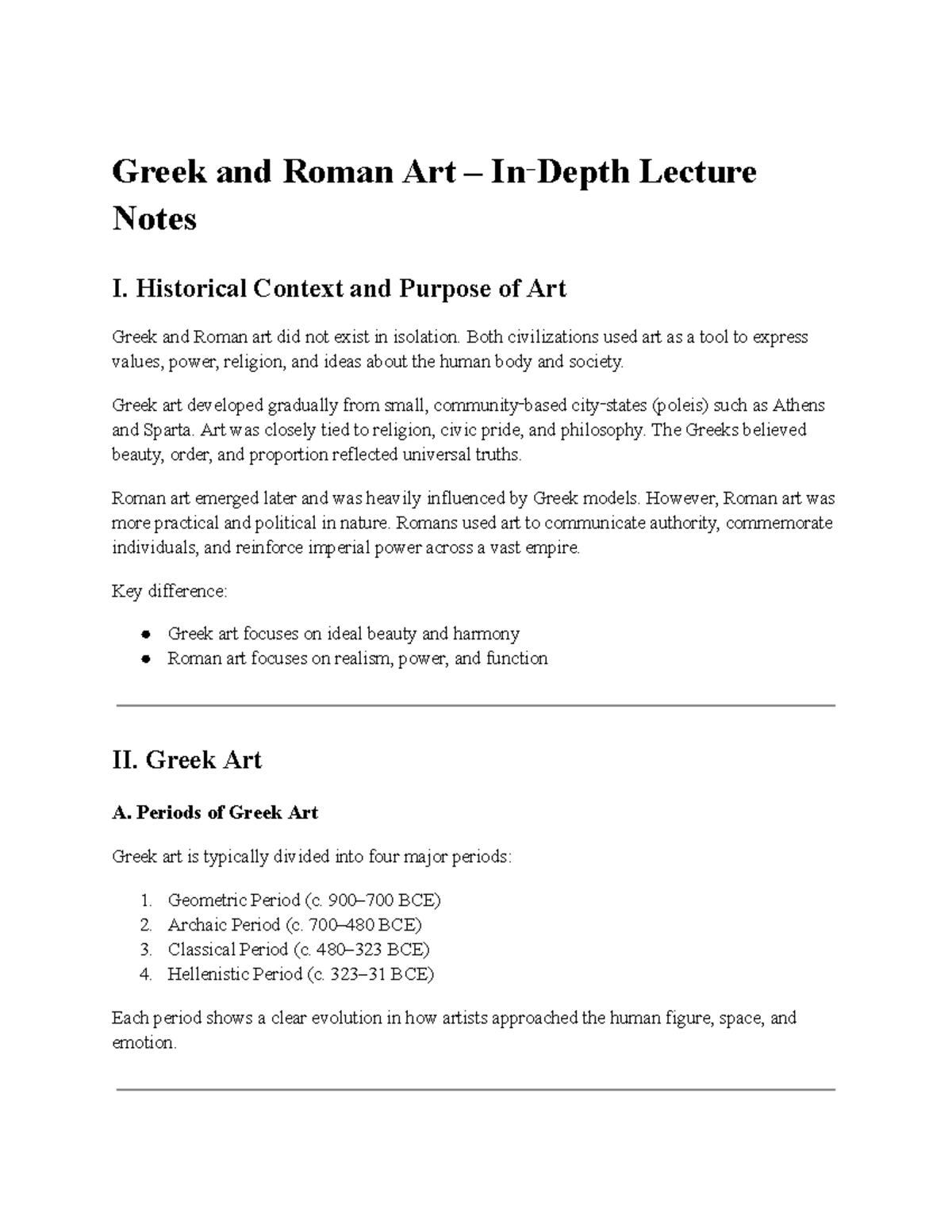 Greek and Roman Art Lecture Notes: Historical Context and Analysis ...