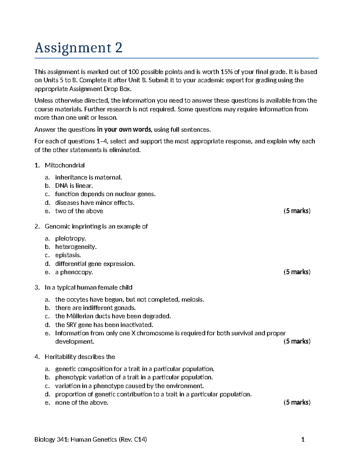 Assignment 2 (Units 5-8): Genetics & Inheritance Analysis Questions ...