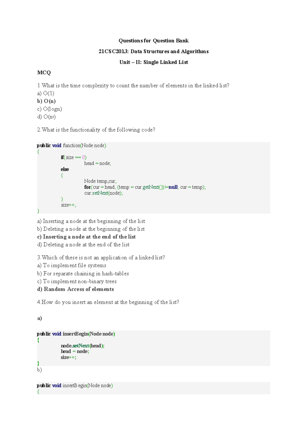 Singly Linked List QB - 21CSC201J Question Bank on Data Structures - Studocu