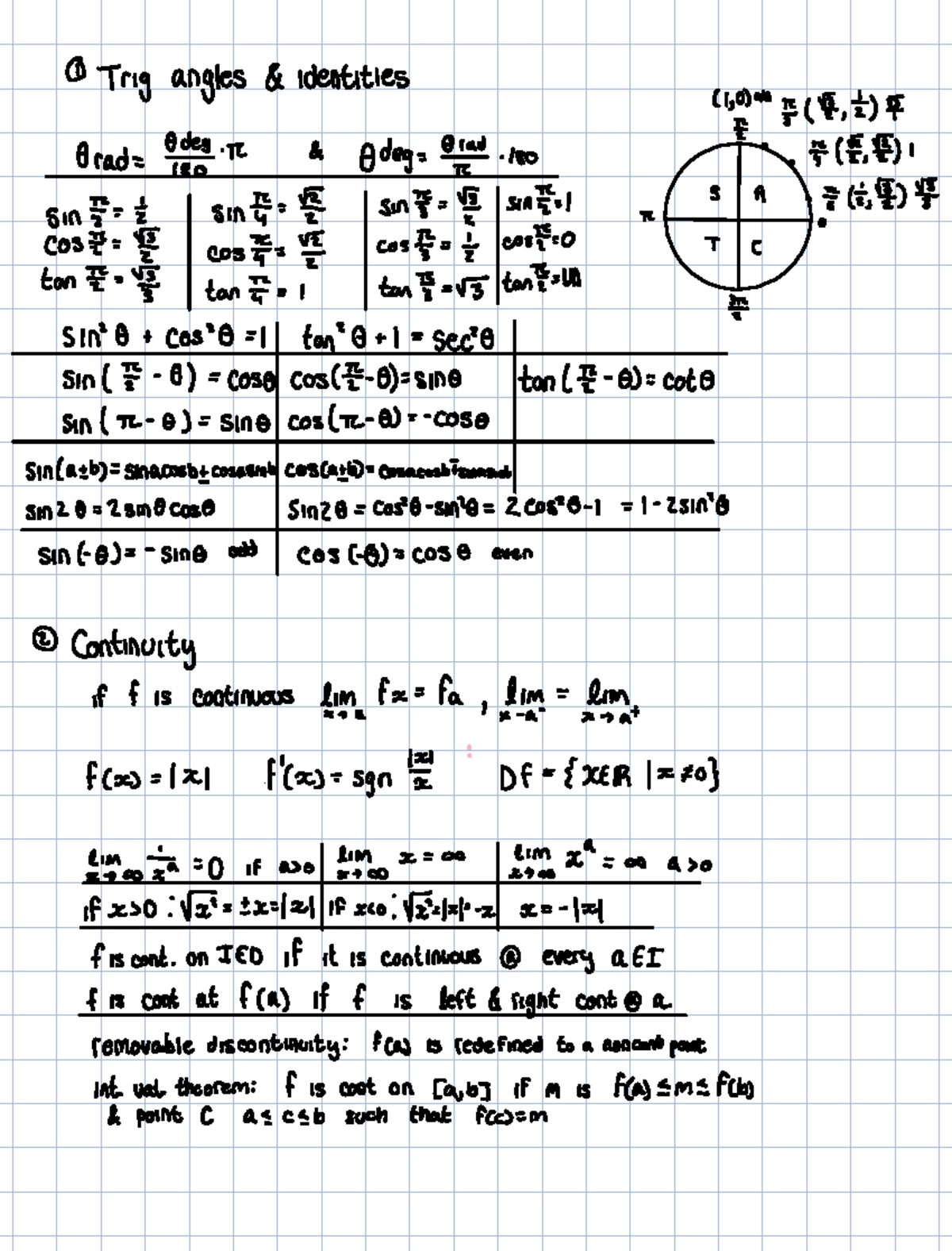 Calc final study sheet - calc review - Trig angles identities Grads 98 it deg so 5 A sin E a EE ...