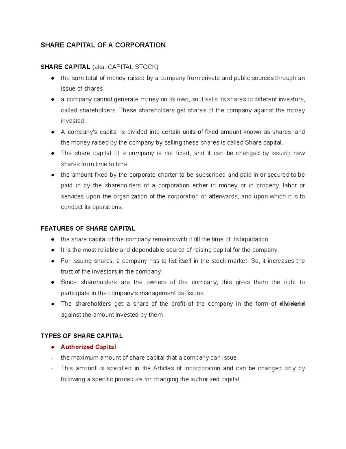 SHARE CAPITAL OF A CORPORATION: TYPES, FEATURES & CLASSIFICATIONS - Studocu