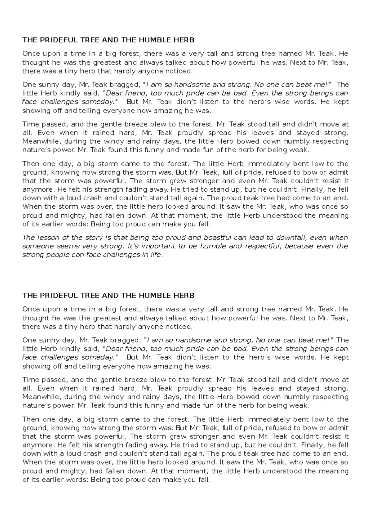 The Lesson of Humility: The Prideful Tree vs. The Humble Herb - Studocu