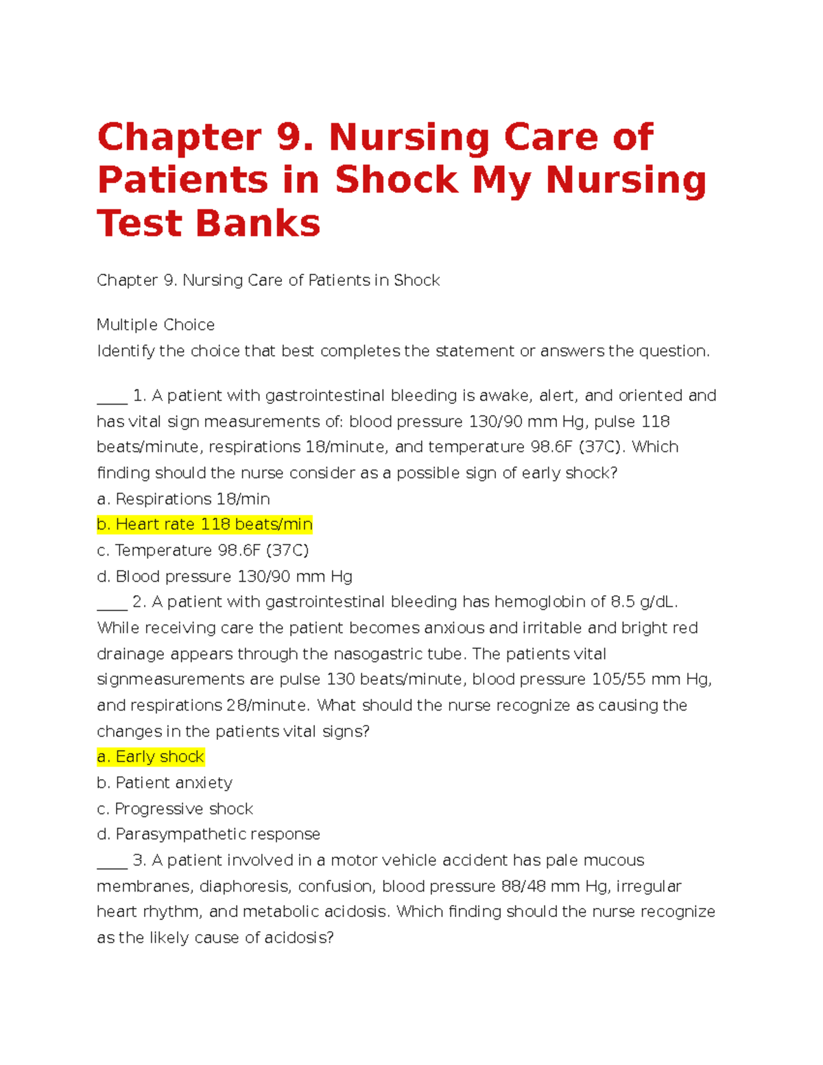 NUR 201 - Chapter 9 Nursing Care of Patients in Shock Practice ...