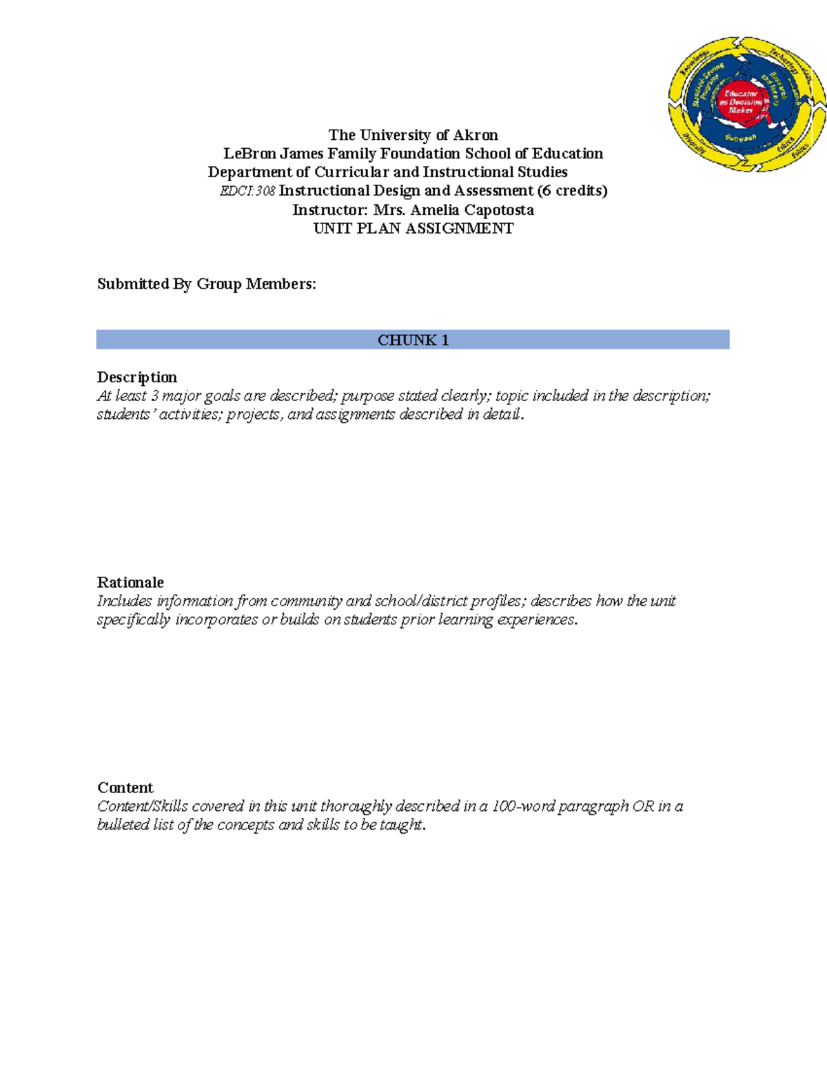 EDCI:308 Unit Plan Assignment for Instructional Design and Assessment ...