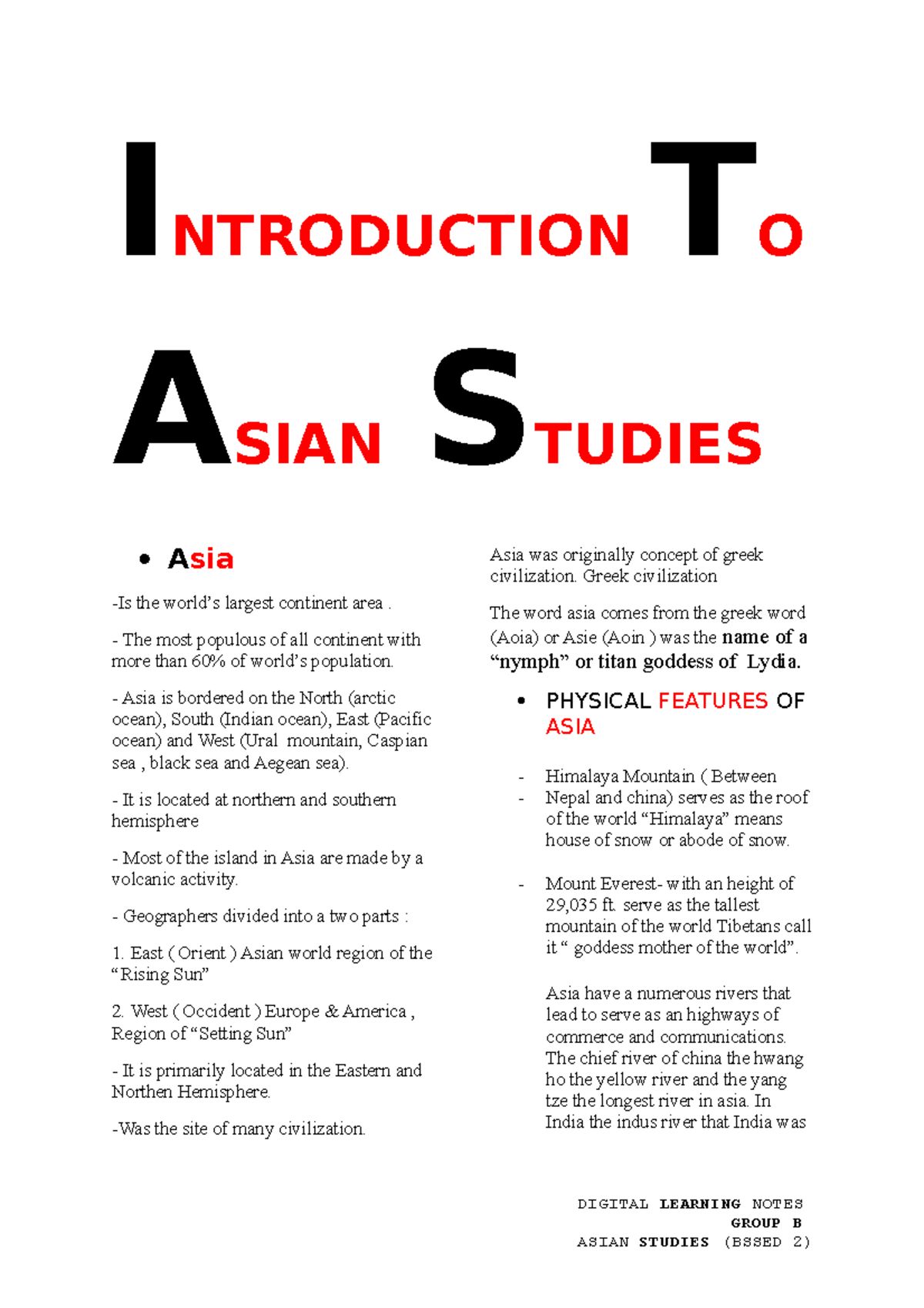 Digital Lecture APP - INTRODUCTION TO ASIAN STUDIES Asia -Is the world ...