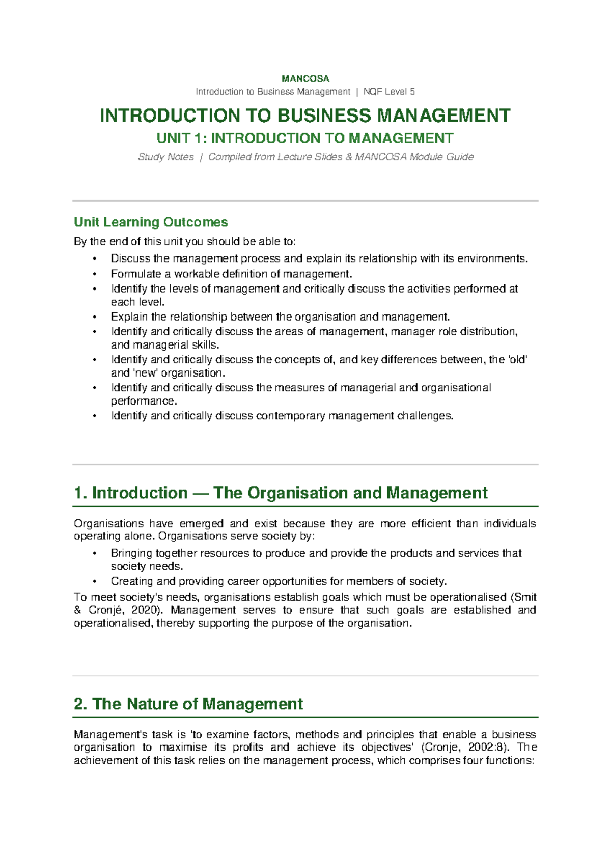 IBM NQF Level 5 Unit 1: Intro to Management Study Notes - Studocu