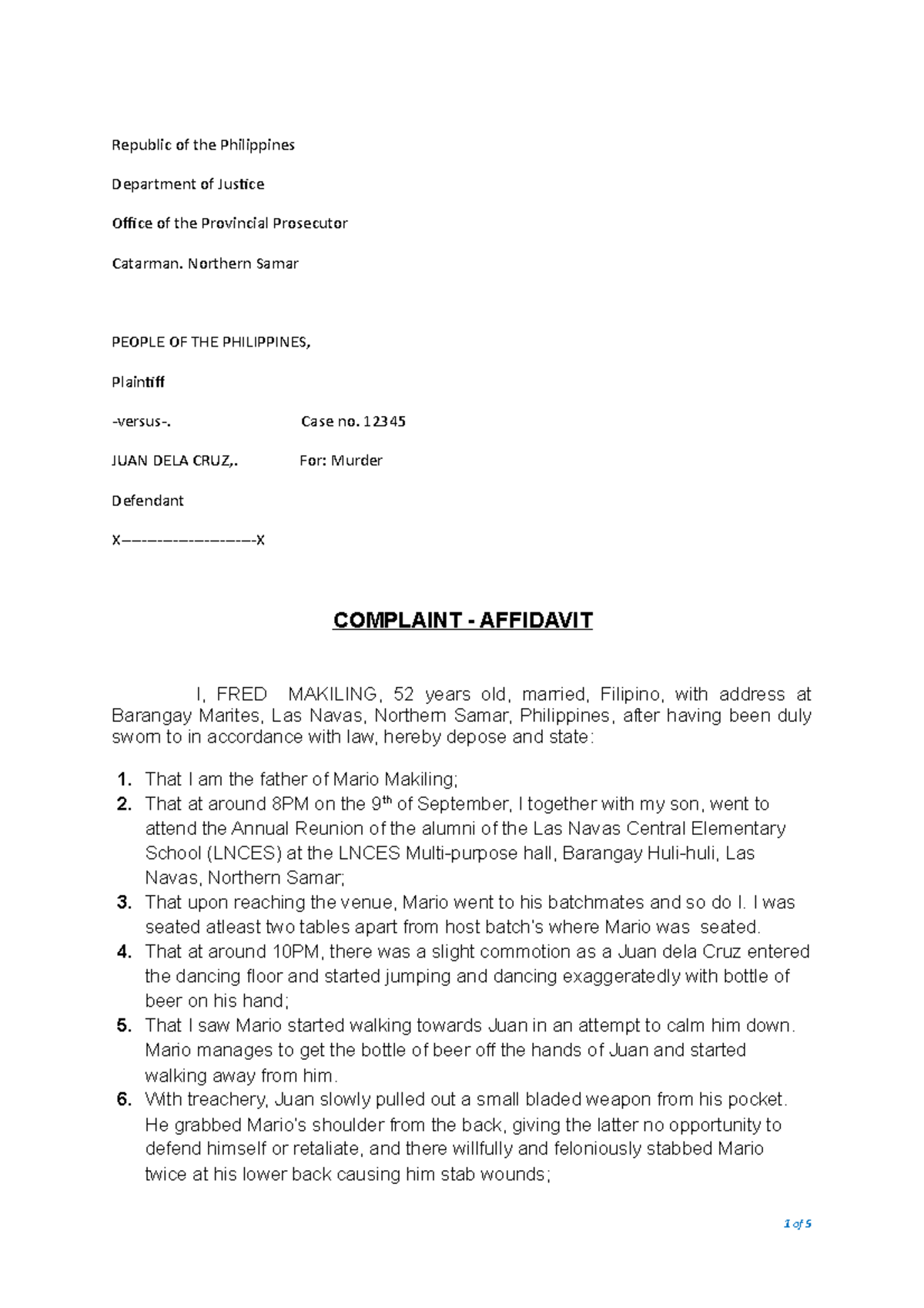 Complaint-Affidavit for Murder Case No. 12345: Fred Makiling - Studocu