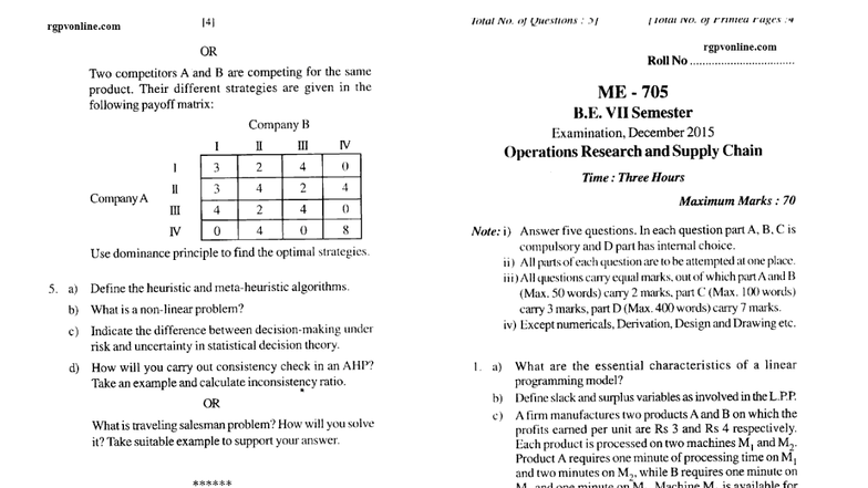 ME 705 Operations Research & Supply Chain Exam Dec 2015 - Studocu