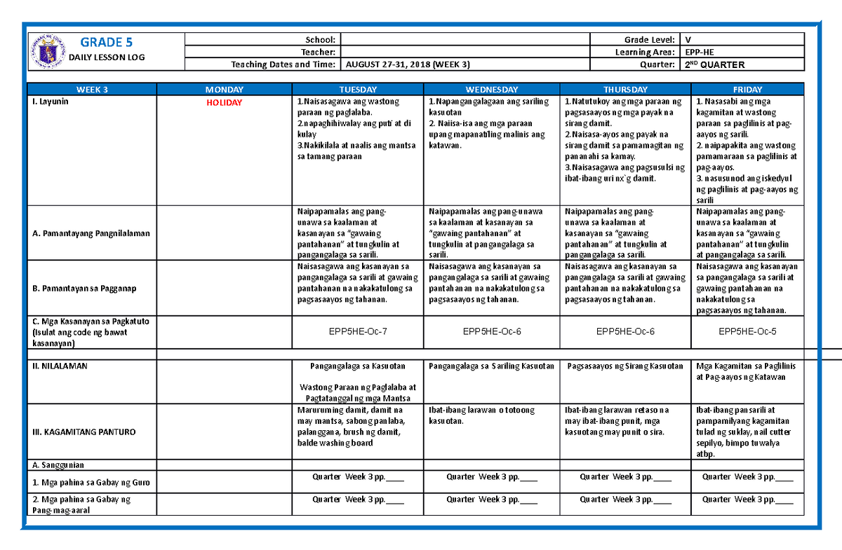 DLL G5 Q2 WEEK 9 ALL Subjects (Mam Inkay Peralta) - GRADE 5 DAILY LESSON LOG School: Grade Level ...
