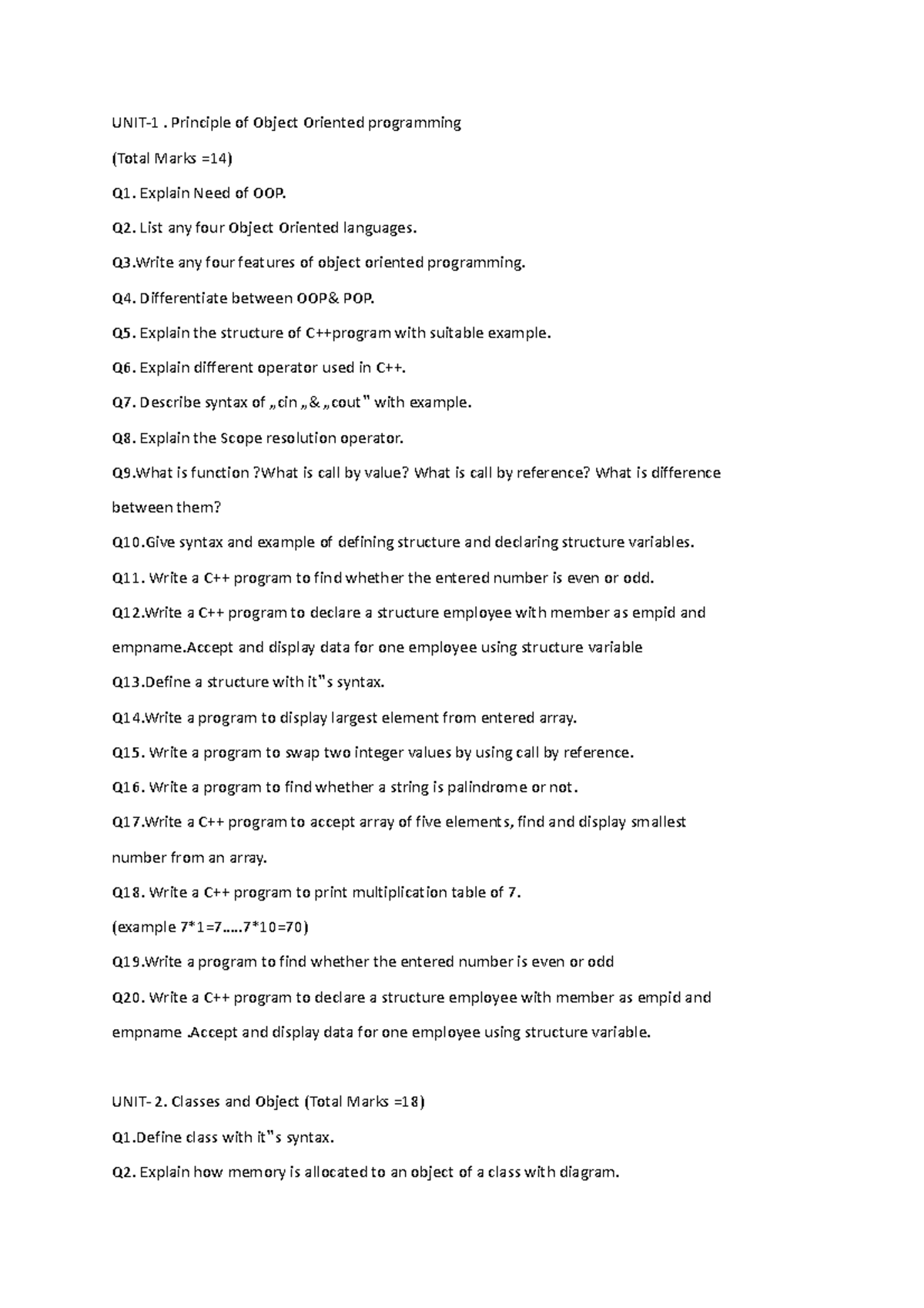 OOP Concepts and Question Bank - CS101 Final Exam Preparation - Studocu