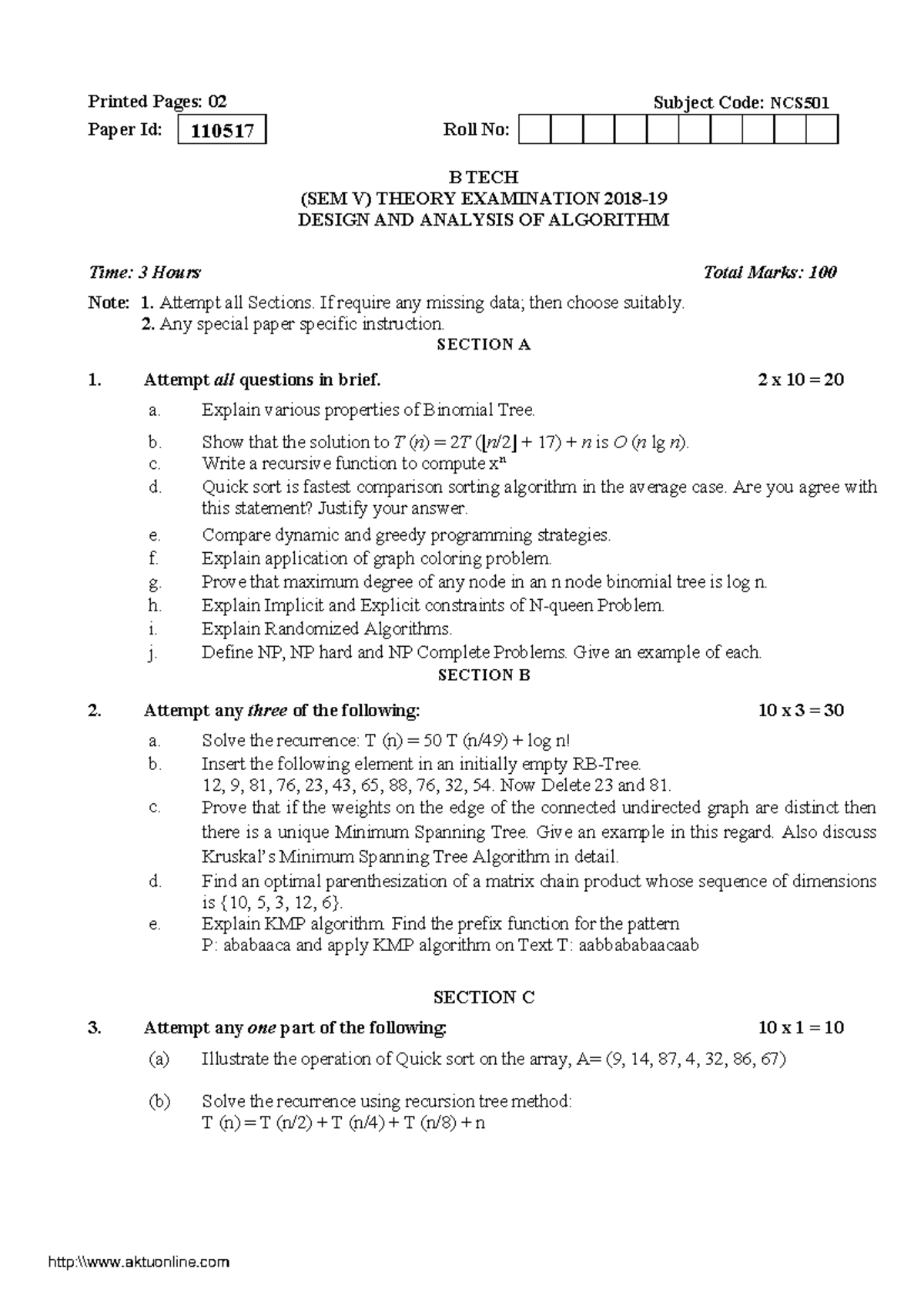 Btech cs 5 sem design and analysis of algorithm ncs501 2019 - Printed Pages: 02 Subject Code ...