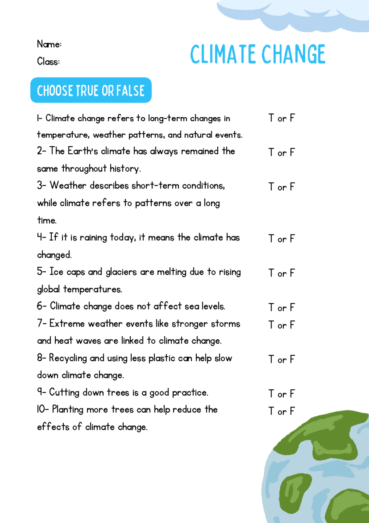 Activity 1 Climate Change Worksheet - T or F T or F T or F T or F T or ...