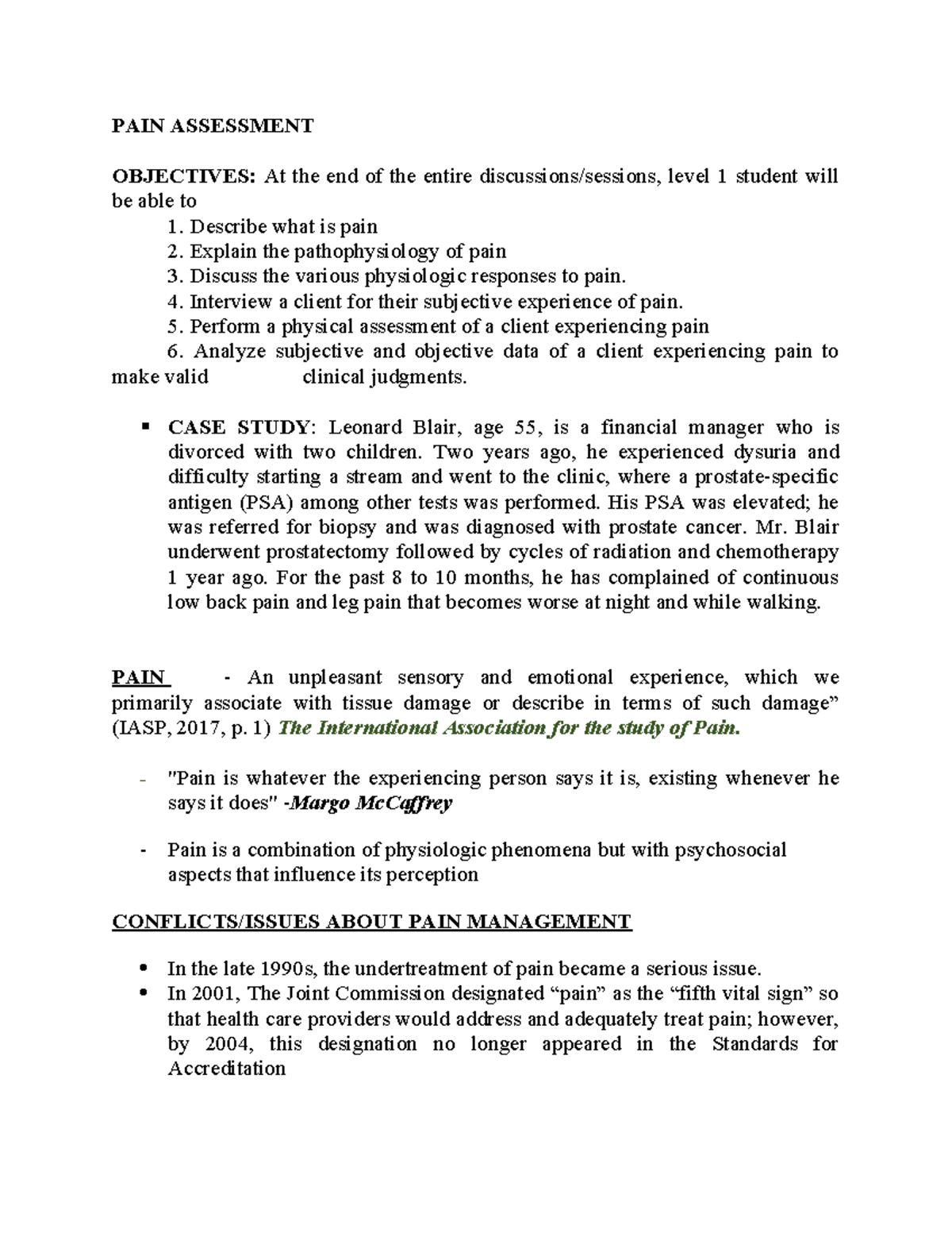 PAIN ASSESSMENT: Objectives and Case Studies for Level 1 Students - Studocu