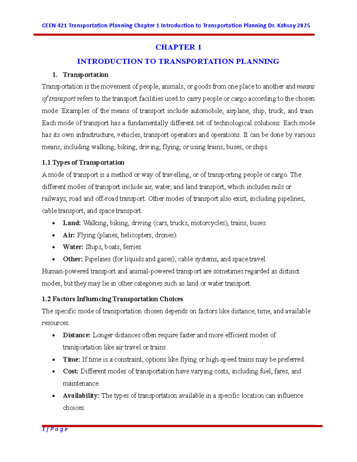 CEEN 421 Transportation Planning: Chapter 1 Overview and Key Concepts ...