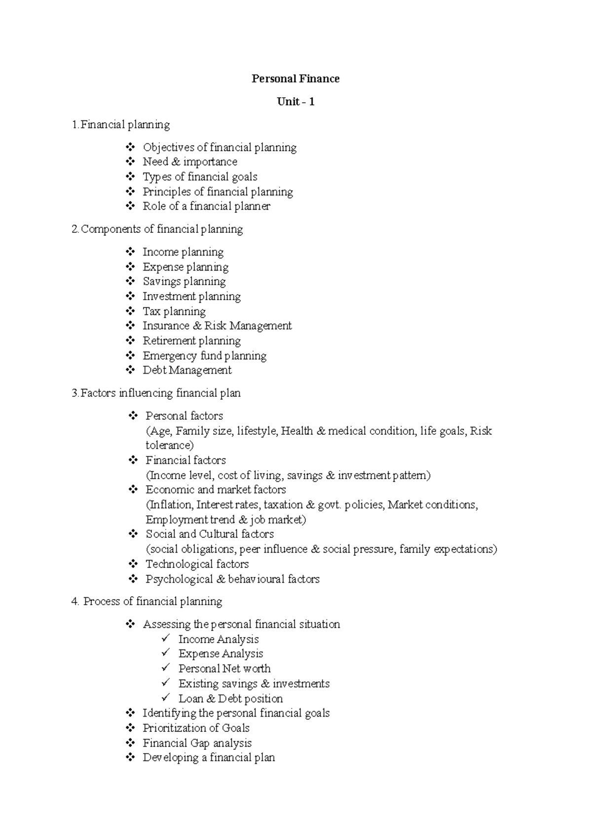 Personal Finance Unit 1 & 2: Comprehensive Planning & Strategies - Studocu