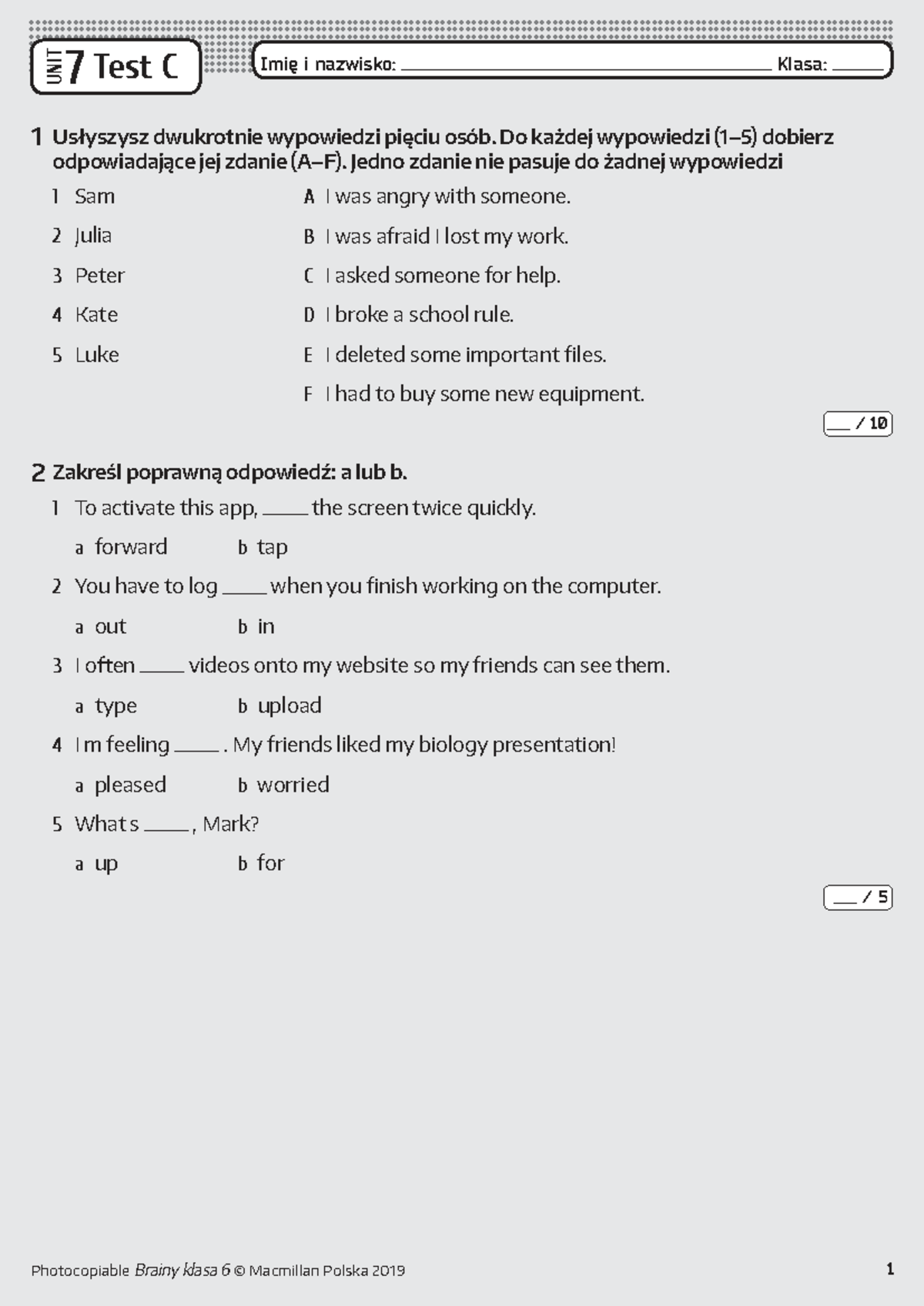 Brainy kl6 Unit Test 7C: Comprehensive Assessment and Exercises - Studocu