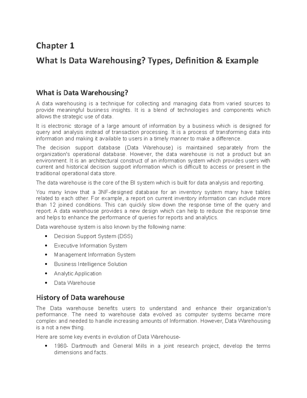 Data Warehousing Chapter 1 - Chapter 1 What Is Data Warehousing? Types ...