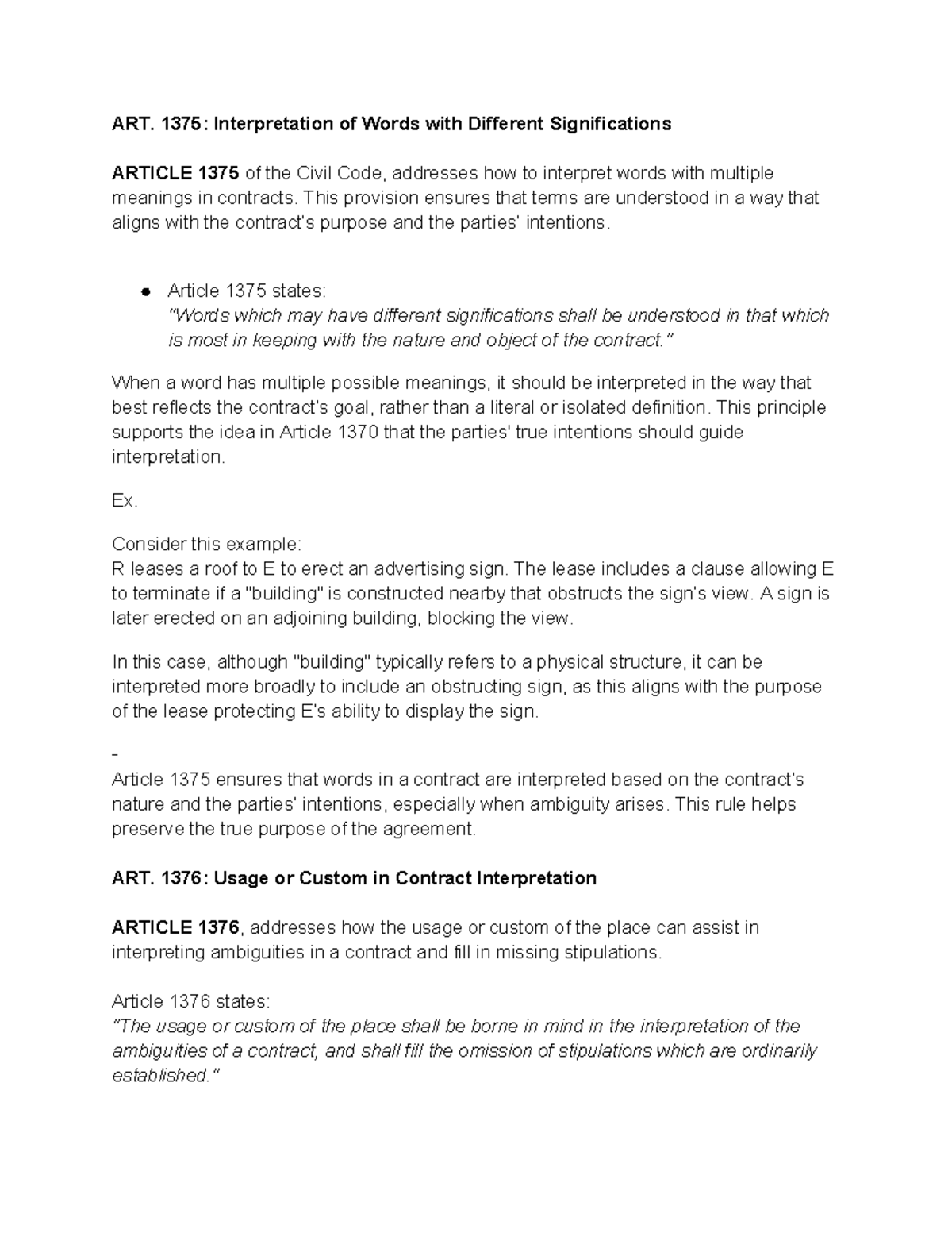 Chapter 5: Interpretation of Contract Articles 1375-1379 Insights - Studocu