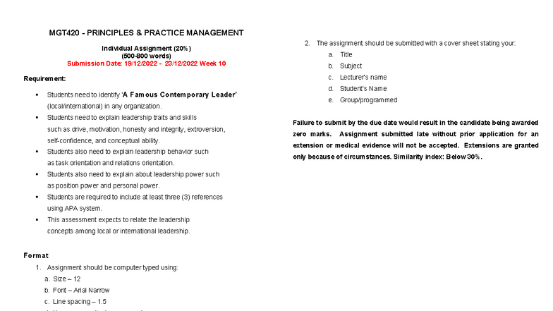 MGT420 Individual Assignment: Leadership Traits & Skills Analysis - Studocu