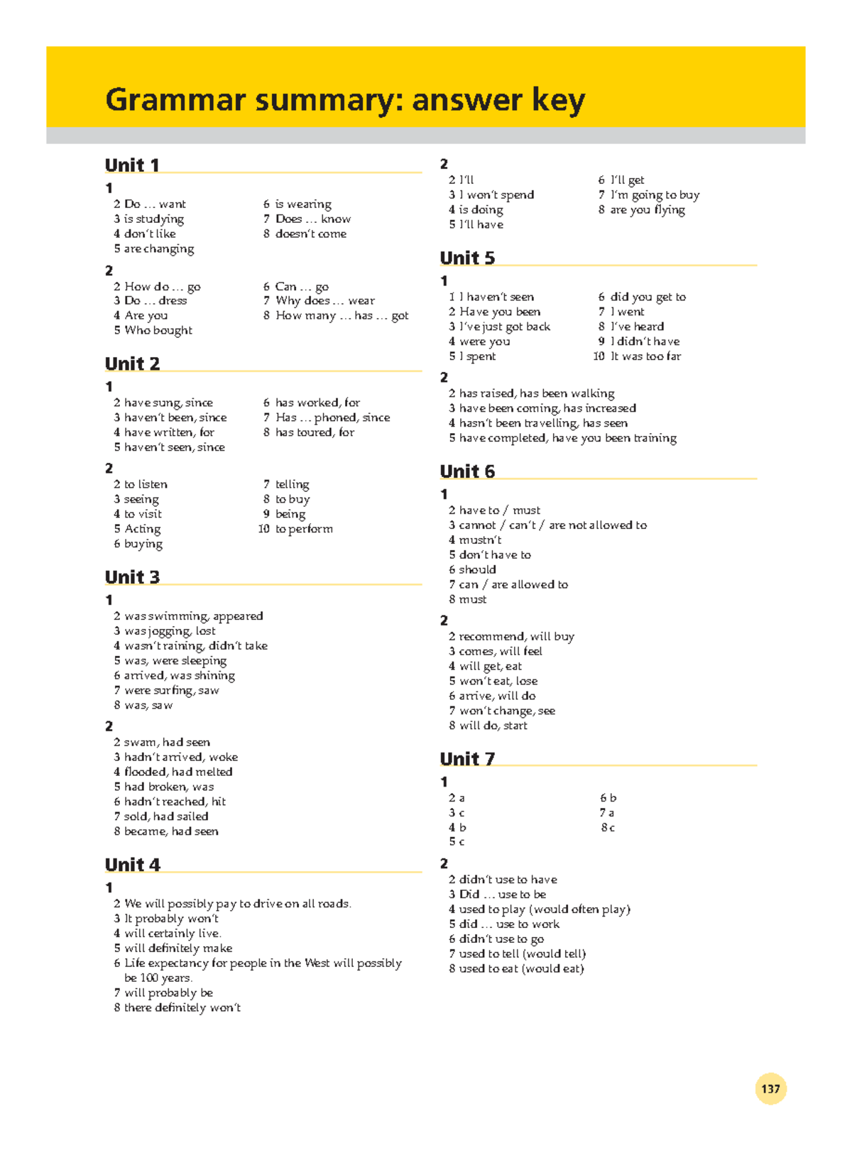Grammar Reference Answer Key (GR101) - Comprehensive Units 1-7 - Studocu