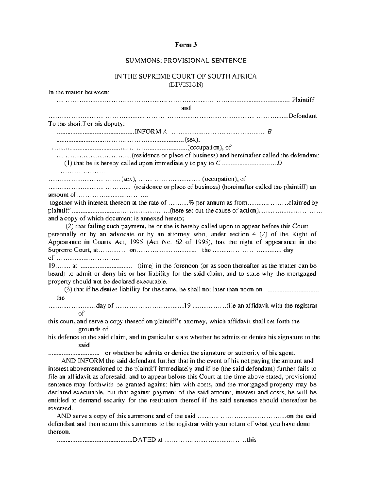 59 1959 Supreme Court Provisional Sentence Form 3 Summons - Studocu
