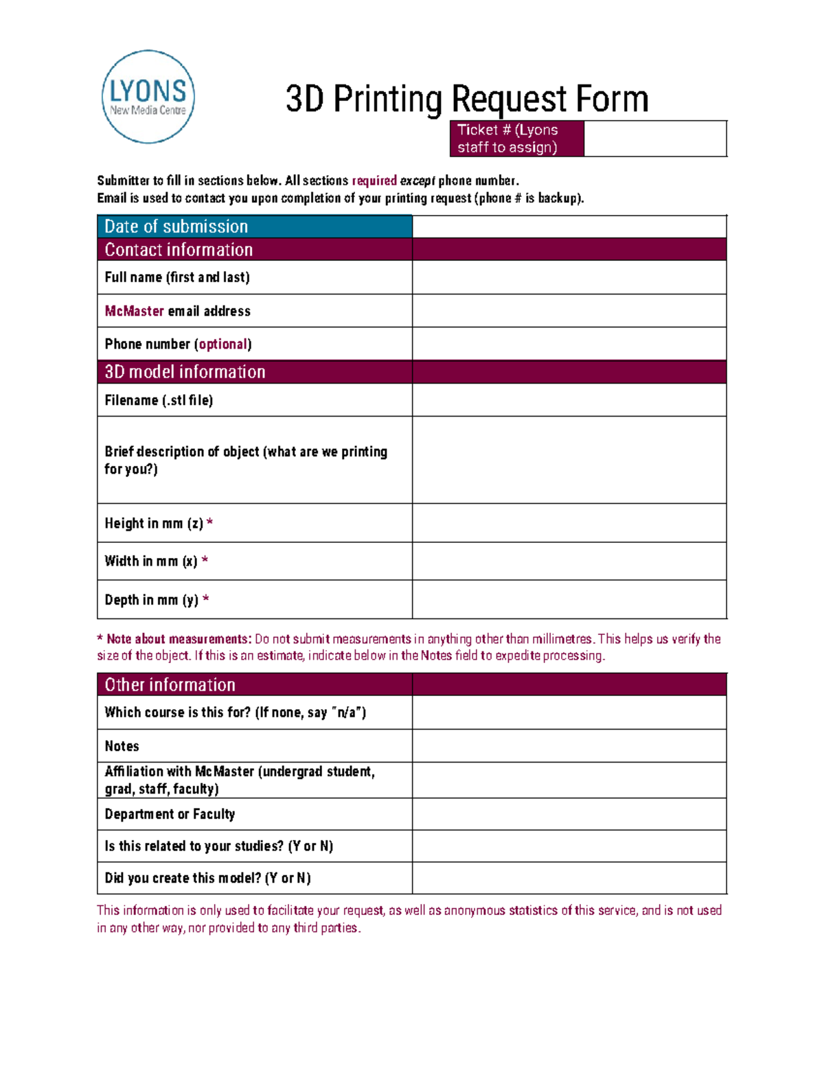 Printing Request Form Sample