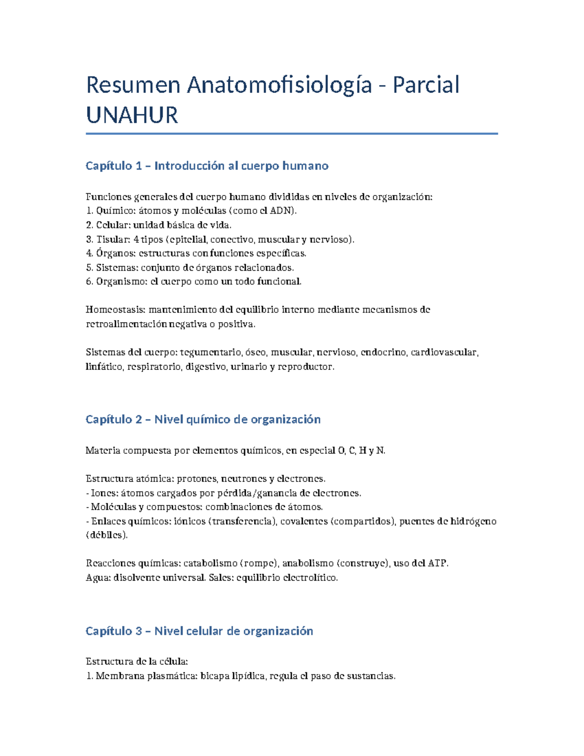 Resumen Anatomofisiología Parcial UNAHUR: Introducción y Niveles de ...
