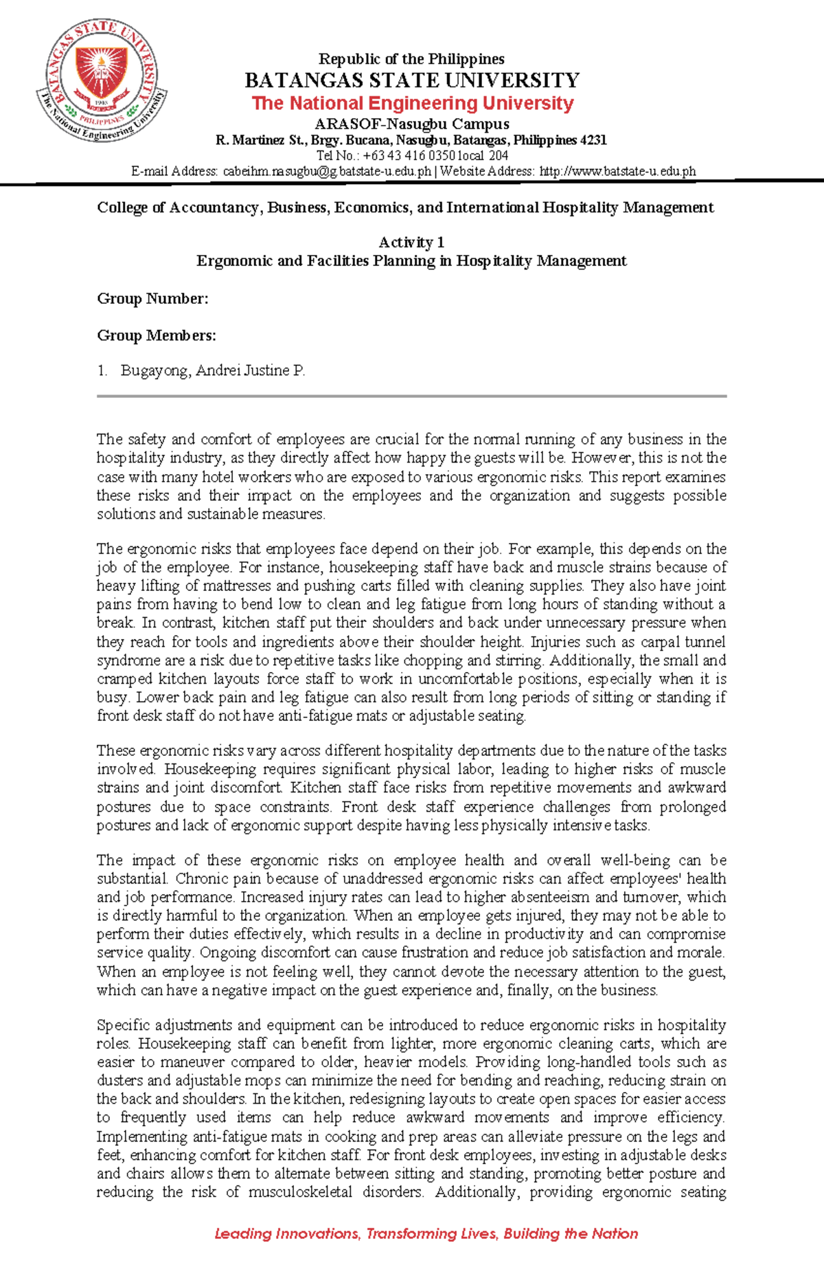 Activity 1 Ergonomics - essay - Republic of the Philippines BATANGAS STATE UNIVERSITY The ...