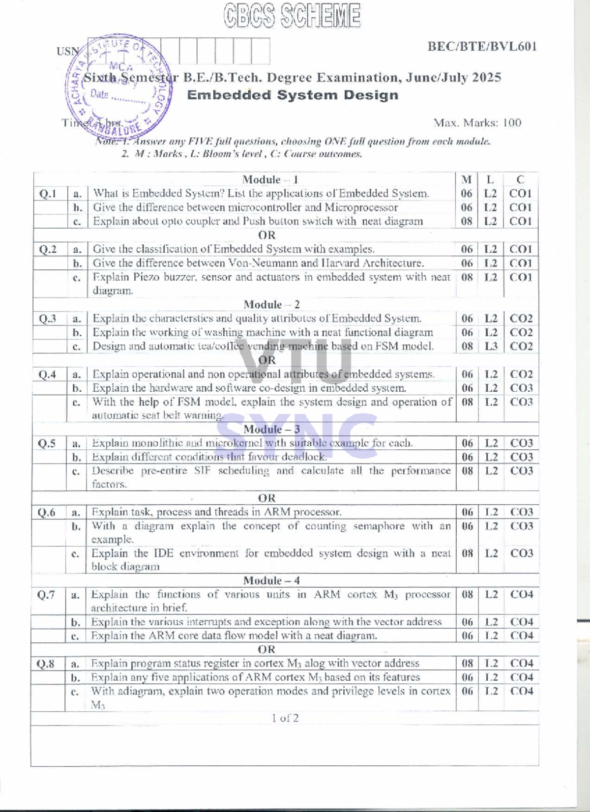 BEC BTE BVL601 Embedded System Design Exam Questions 2025 - Studocu