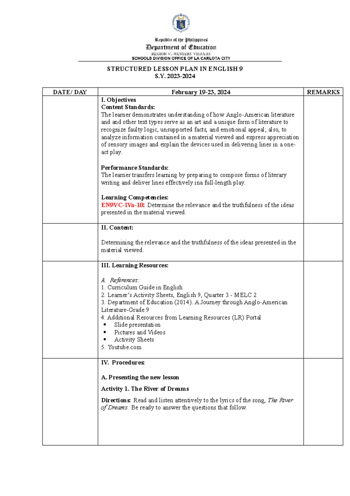 Structured Lesson Plan for English 9: Exploring Literature and Drama ...