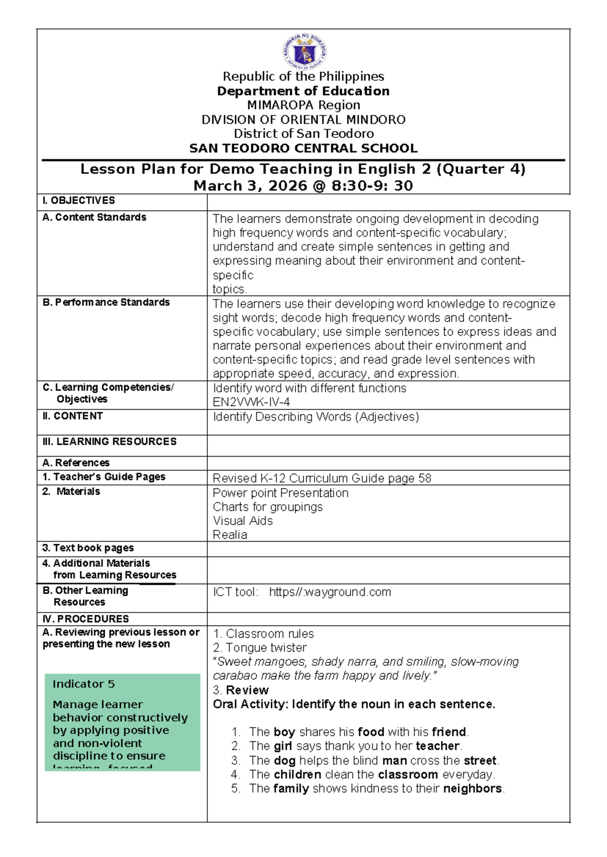 COT LP in English 2 Q4: Lesson Plan for Demo Teaching - Studocu