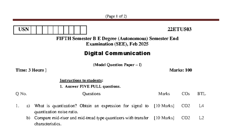 USN 22ETU503 Digital Communication Model Question Paper I - SEE Feb ...