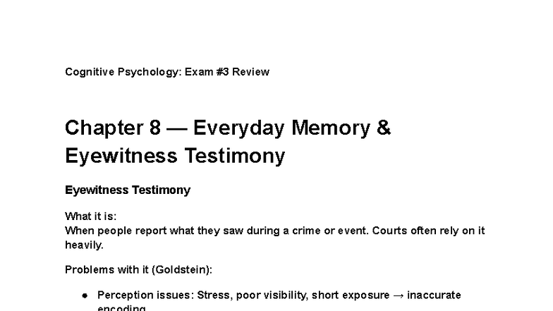 Cognitive Psychology Exam #3 Review: Memory, Language, & Imagery - Studocu