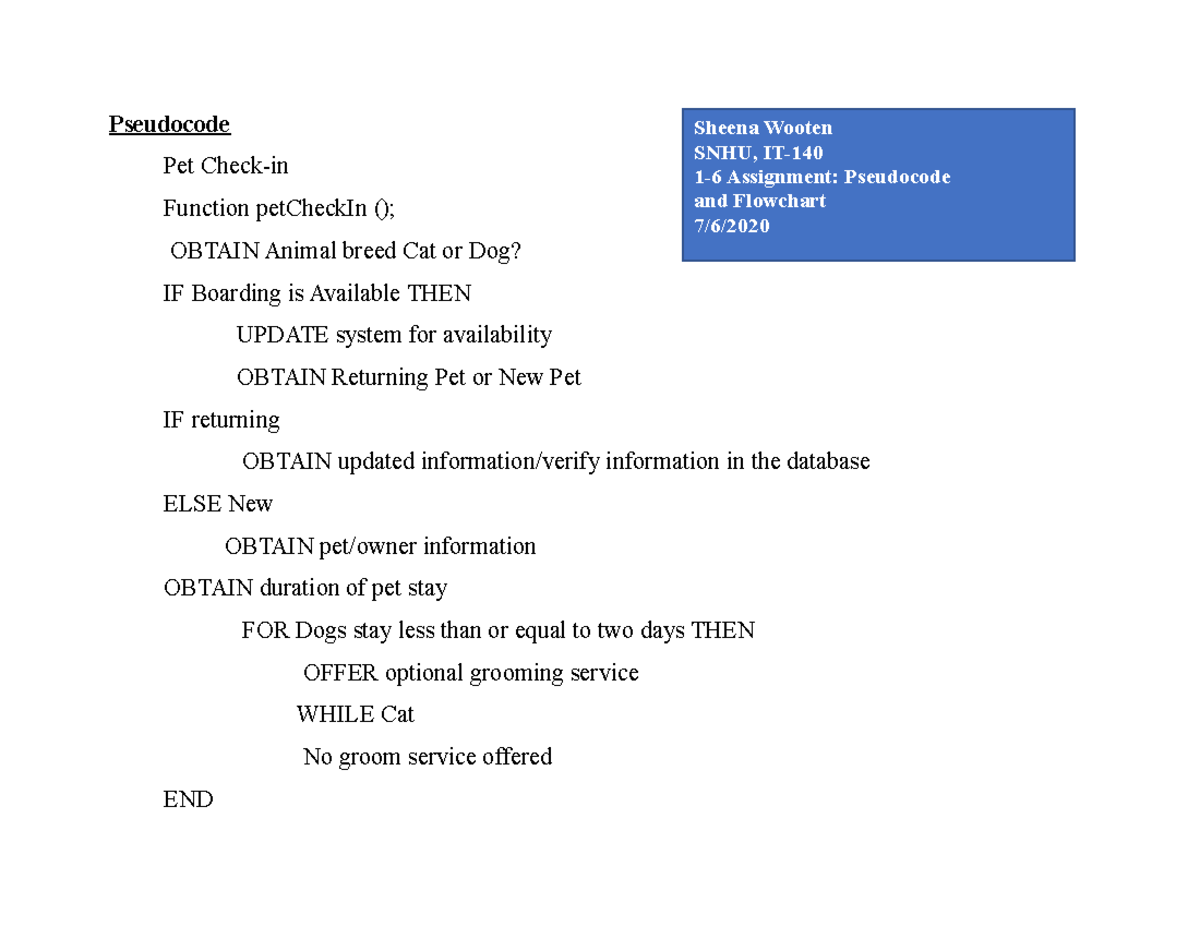 1-6 Assignment Pseudocode and Flowchart - Pseudocode Pet Check-in ...
