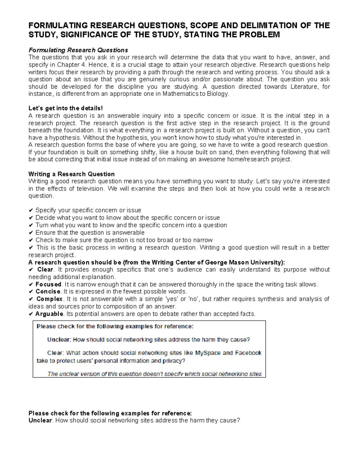 PR1- Notes on Formulating Research Questions & Study Significance - Studocu