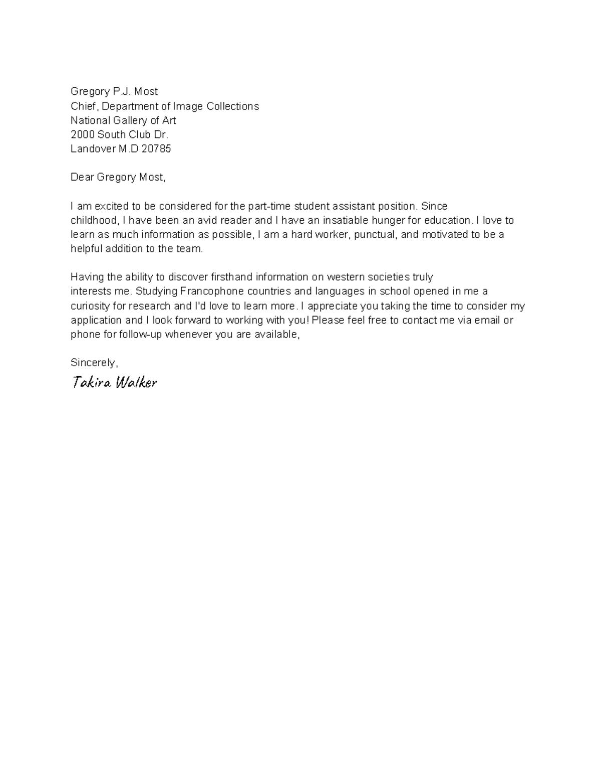 Takira Walker's cover letter for student assistant position - MATH ...