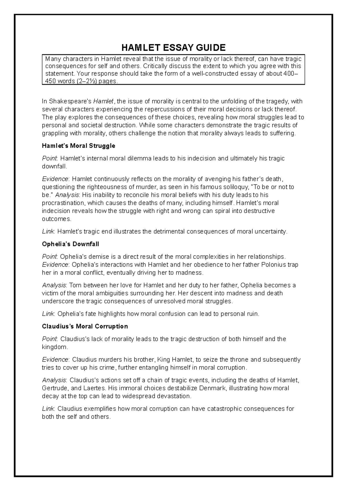 HAMLET ESSAY GUIDE: Exploring Morality, Dishonour, and Justice - Studocu