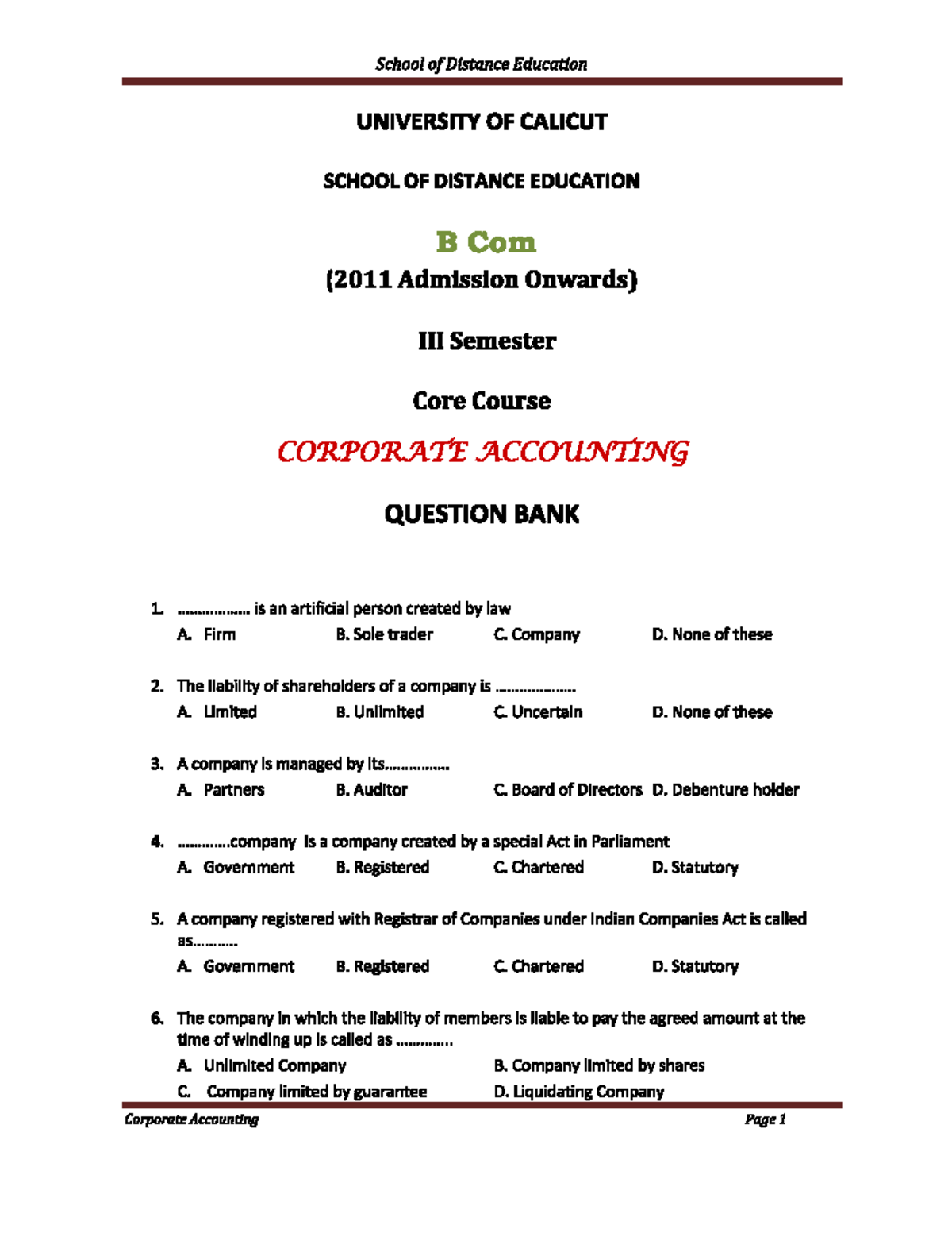 MCQ - Company Accounts Practice Questions and Answers - Studocu