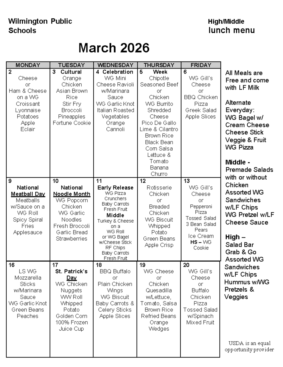 Wilmington Public Schools Lunch Menu - March 2026 (High & Middle) - Studocu