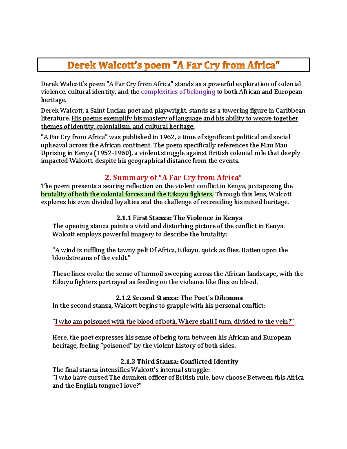 Derek Walcott poems midterm analysis: Exploring identity and ...