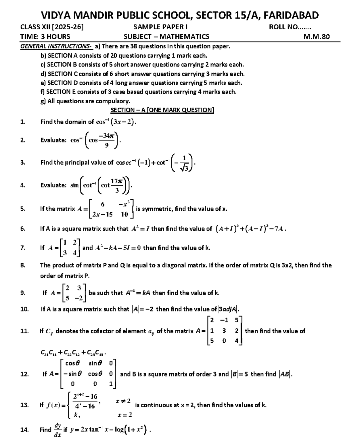Mathematics Sample Paper I - Class XII (VIDYA MANDIR) - Studocu