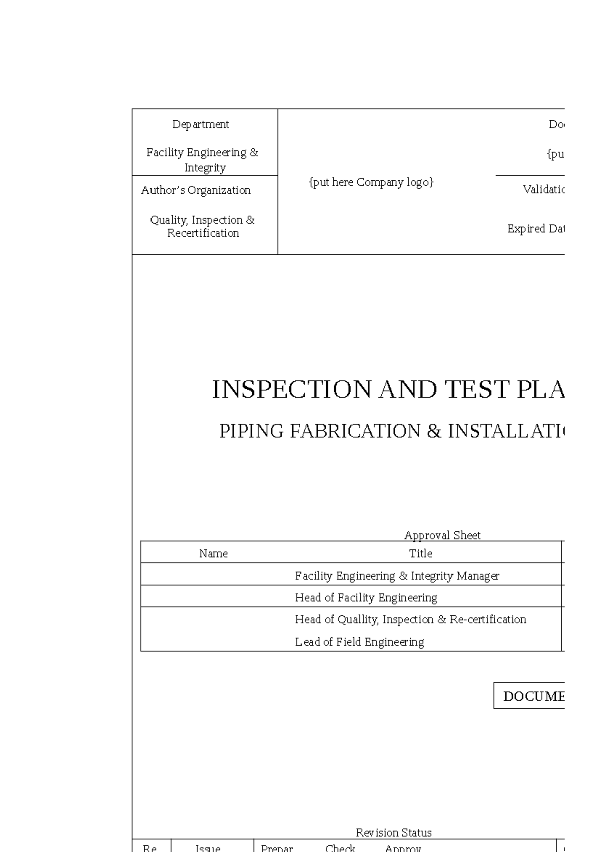 Inspection and Test Plan (ITP) for Piping Fabrication and Installation ...