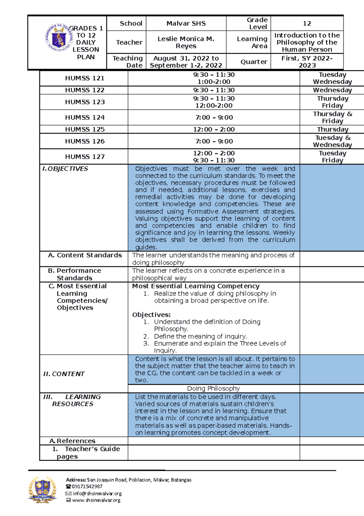 HUMSS 121 - Week 2 Lesson Plan: Understanding Doing Philosophy - Studocu