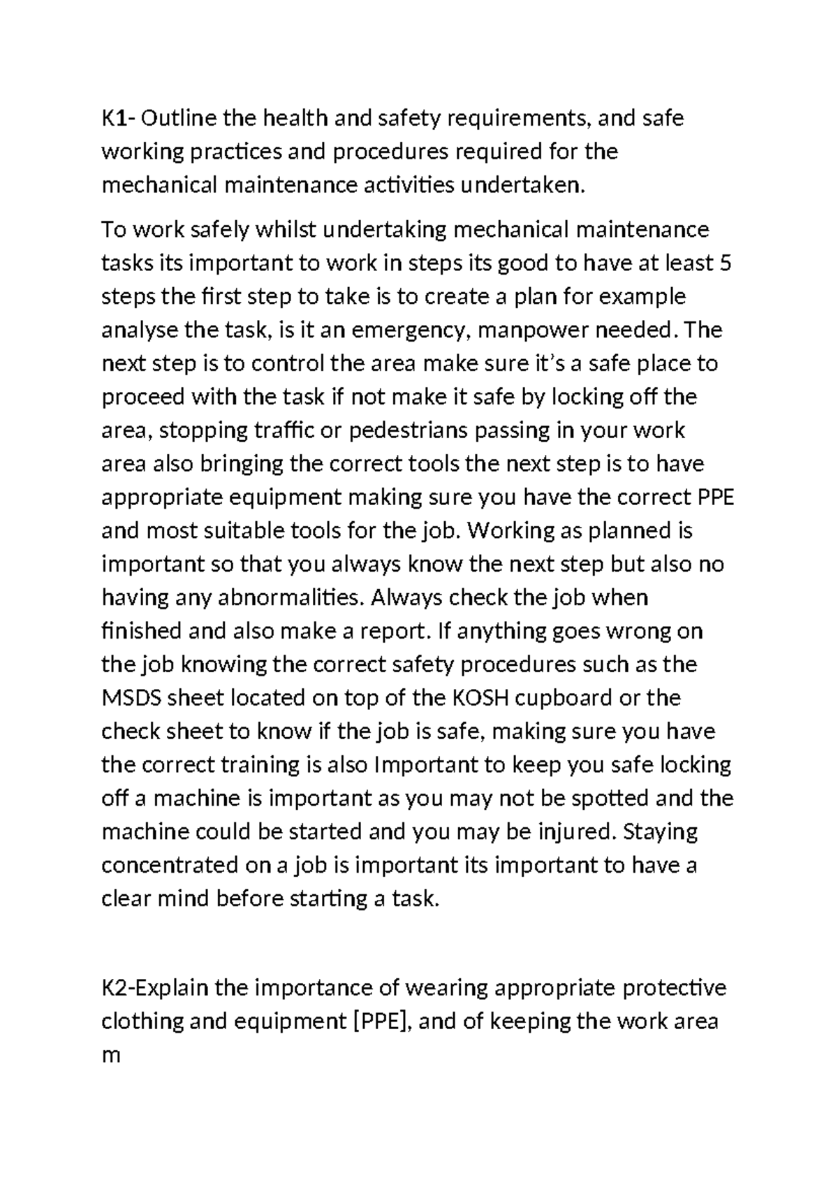Mechanical Maintenance Safety Procedures and Best Practices K1-K24 ...