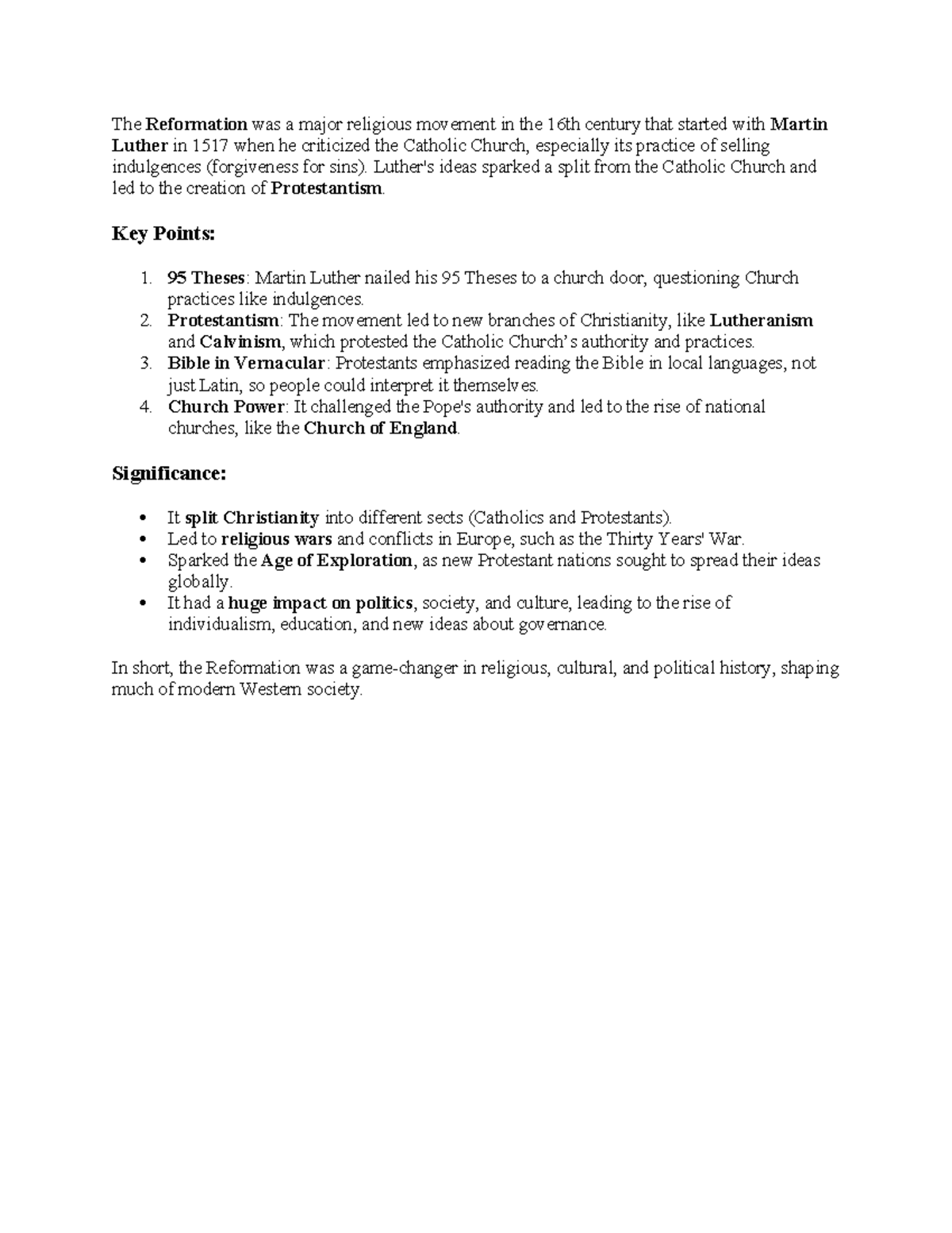 Reformation Overview: Key Points and Impact on Society - Studocu