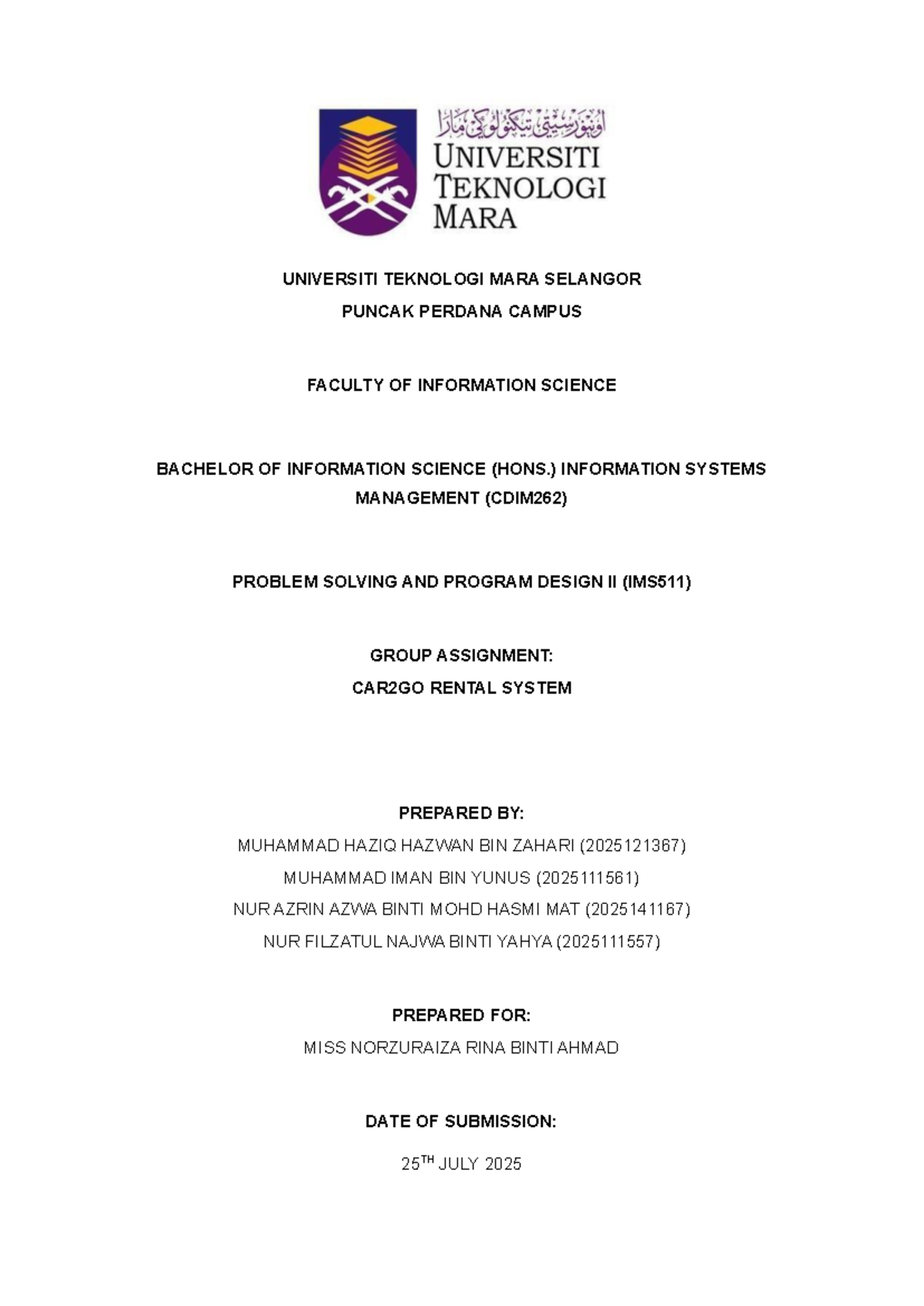 CAR2GO Rental System Group Assignment Report (IMS511, CDIM262) - Studocu